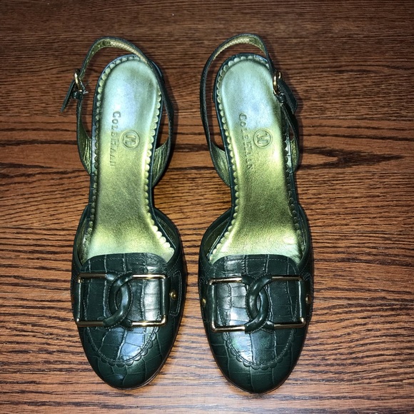 Cole Haan | Shoes | Cole Haan Romy Green Croc Embossed Slingback Heels ...